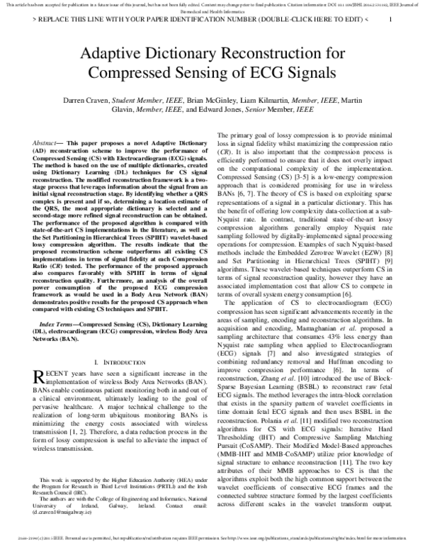 Pdf Adaptive Dictionary Reconstruction For Compressed Sensing Of Ecg Signals 8117