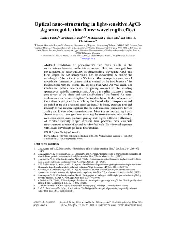 (PDF) Optical nano-structuring in light-sensitive AgCl-Ag waveguide thin films: wavelength effect