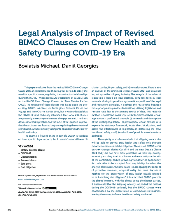 (PDF) Legal Analysis of Impact of Revised BIMCO Clauses on Crew Health ...