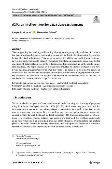 (PDF) rDSA : an intelligent tool for data science assignments