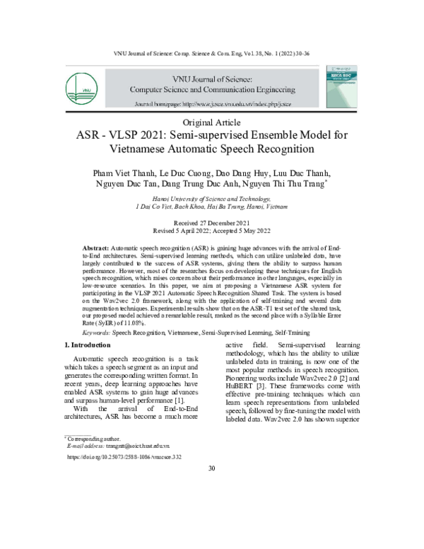 (PDF) ASR - VLSP 2021: Semi-supervised Ensemble Model for Vietnamese Automatic Speech ...