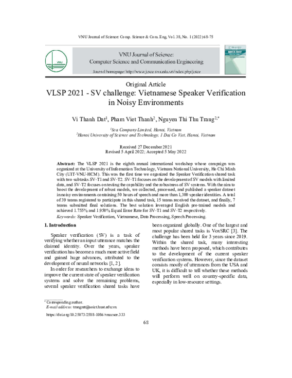 (PDF) VLSP 2021 - SV challenge: Vietnamese Speaker Verification in ...