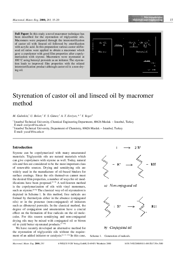 (PDF) Styrenation of castor oil and linseed oil by macromer method