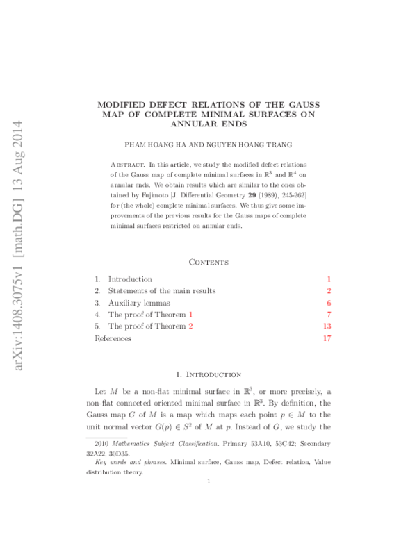 (PDF) Modified defect relations of the Gauss map of a complete minimal ...