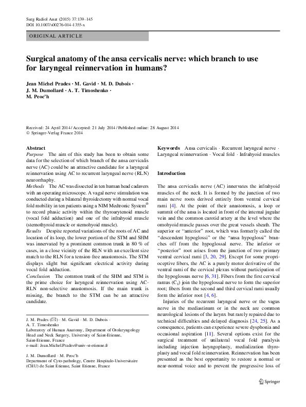 (PDF) Surgical anatomy of the ansa cervicalis nerve: which branch to use for laryngeal ...