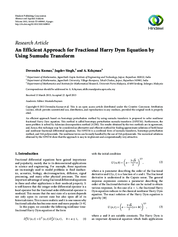 Pdf An Efficient Approach For Fractional Harry Dym Equation By Using Sumudu Transform
