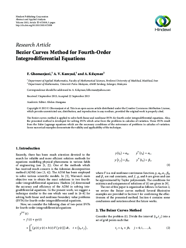(PDF) Bezier Curves Method for Fourth-Order Integrodifferential Equations