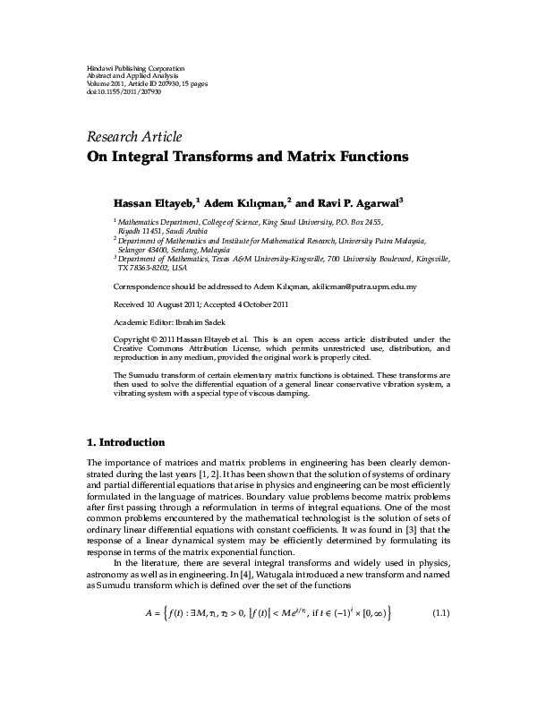 (PDF) On Integral Transforms and Matrix Functions