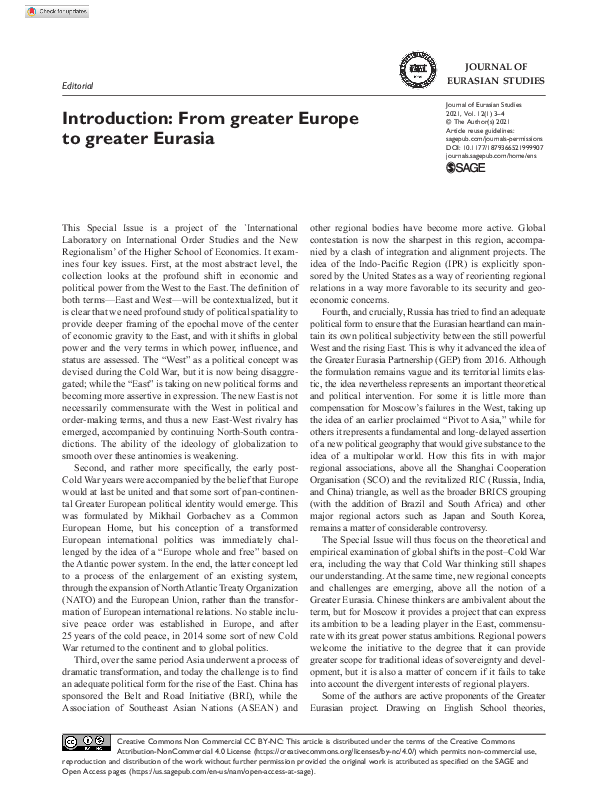 (PDF) Introduction: From greater Europe to greater Eurasia