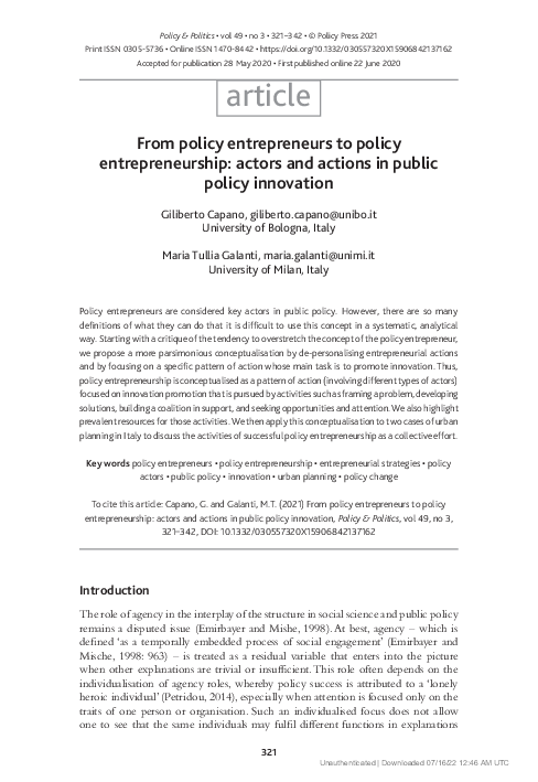 (PDF) From policy entrepreneurs to policy entrepreneurship: actors and ...