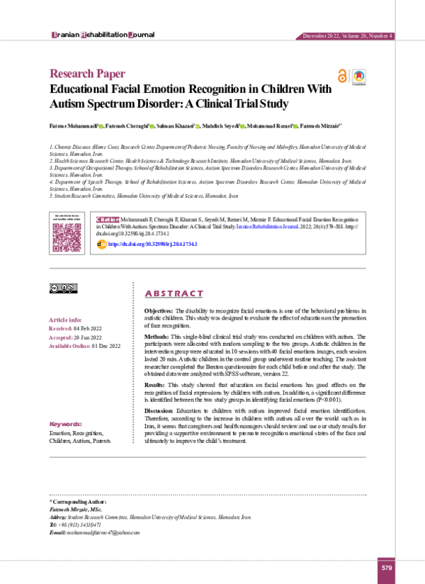 (PDF) Educational Facial Emotion Recognition in Children With Autism ...