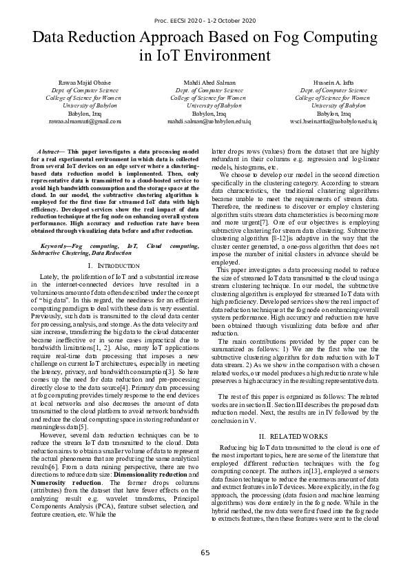 (PDF) Data Reduction Approach Based on Fog Computing in IoT Environment