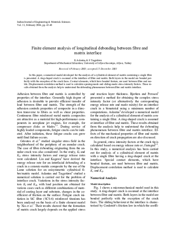 (PDF) Finite element analysis of longitudinal debonding between fibre and matrix interface