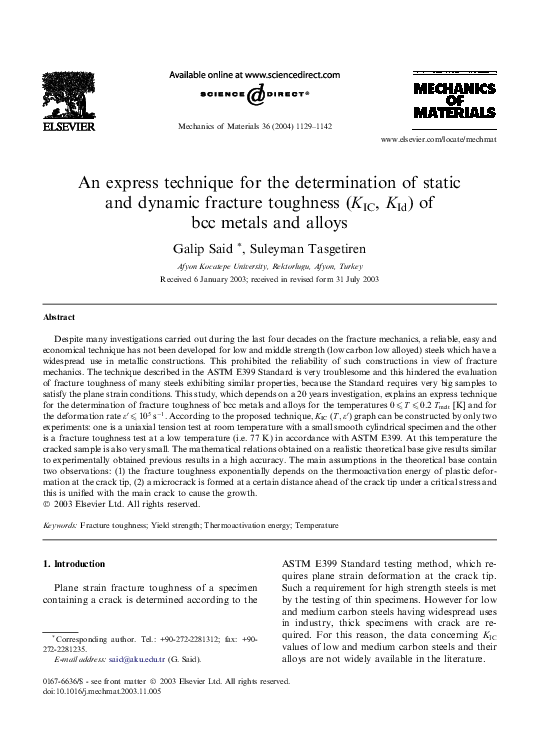 Pdf An Express Technique For The Determination Of Static And Dynamic Fracture Toughness Kic