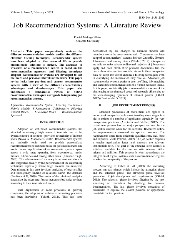 (PDF) Job Recommendation Systems: A Literature Review