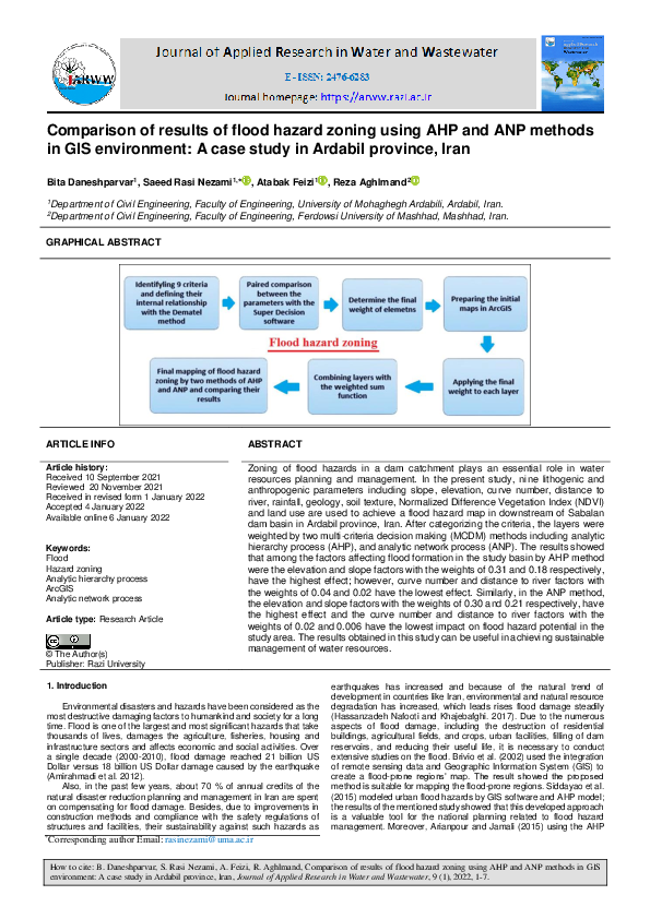 (PDF) Comparison of results of flood hazard zoning using AHP and ANP methods in GIS environment ...