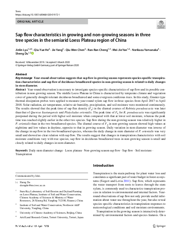 (PDF) Sap flow characteristics in growing and non-growing seasons in three tree species in the ...