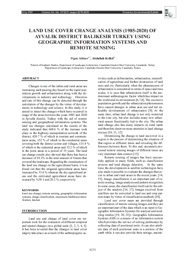 (PDF) Land Use Cover Change Analysis (1985-2020) of Ayvalık District Balıkesir Turkey Using ...