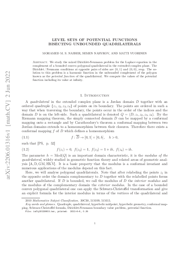 Level sets of potential functions bisecting unbounded quadrilaterals