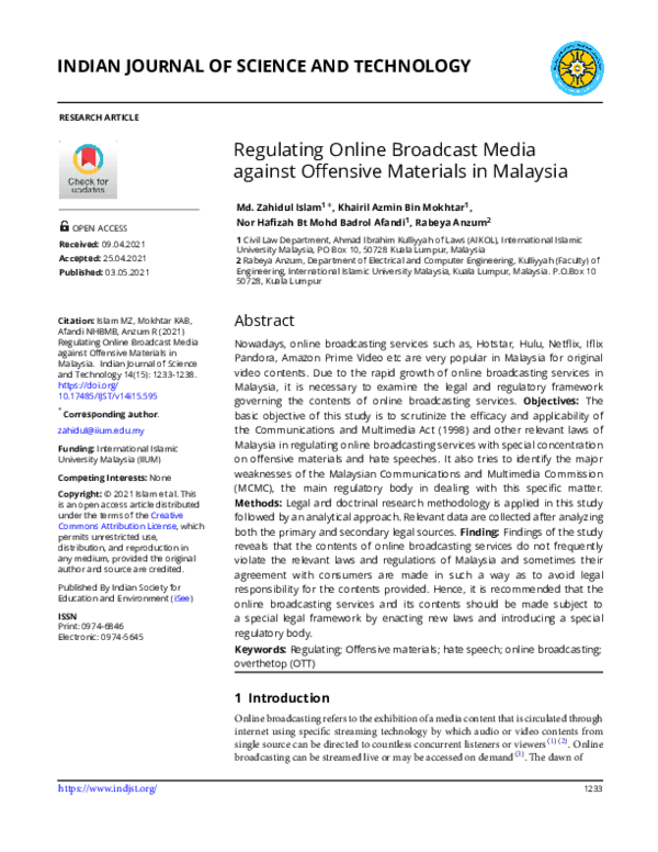 (PDF) Regulating Online Broadcast Media against Offensive Materials in ...