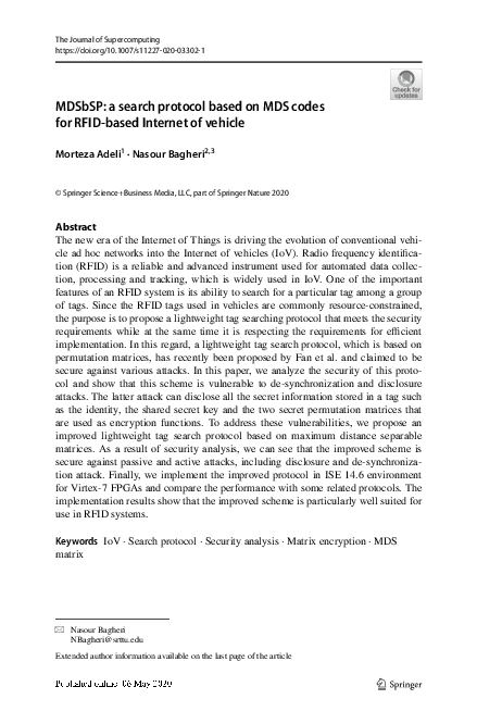 (PDF) MDSbSP: a search protocol based on MDS codes for RFID-based Internet of vehicle