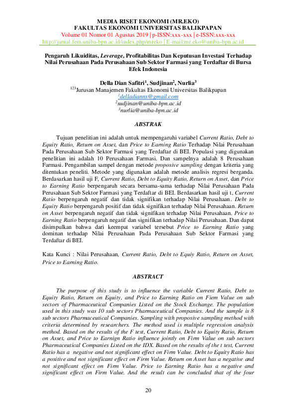 (PDF) Pengaruh Likuiditas, Leverage, Profitabilitas Dan Keputusan Investasi Terhadap Nilai ...