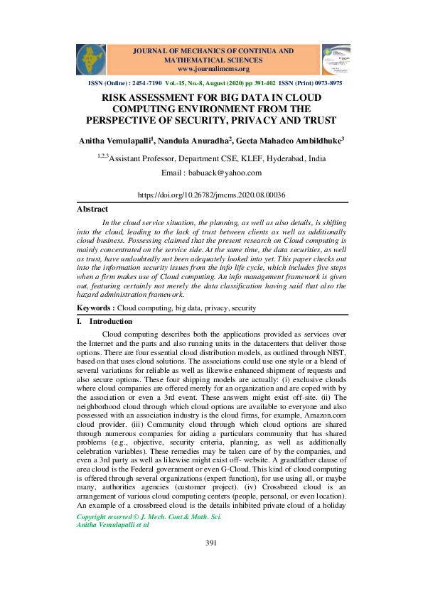 (PDF) Risk Assessment for Big Data in Cloud Computing Environment from the Perspective of ...