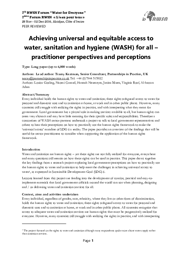 (PDF) Achieving universal and equitable access to water, sanitation and ...