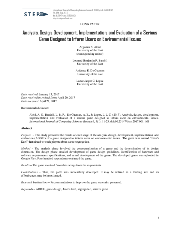 (PDF) Analysis, Design, Development, Implementation, and Evaluation of a Serious Game Designed ...