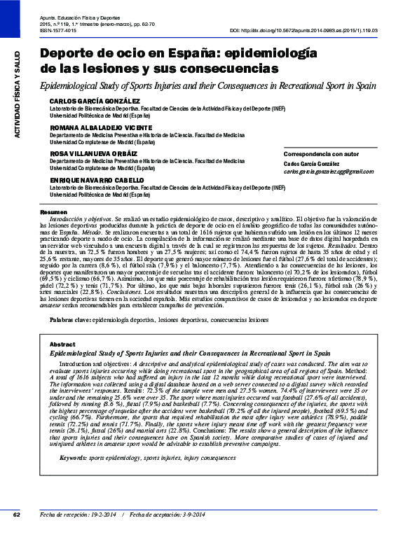 (PDF) Deporte de ocio en España: epidemiología de las lesiones y sus consecuencias