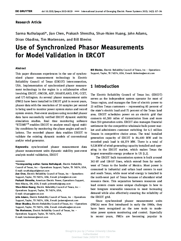 (PDF) Use of Synchronized Phasor Measurements for Model Validation in ERCOT