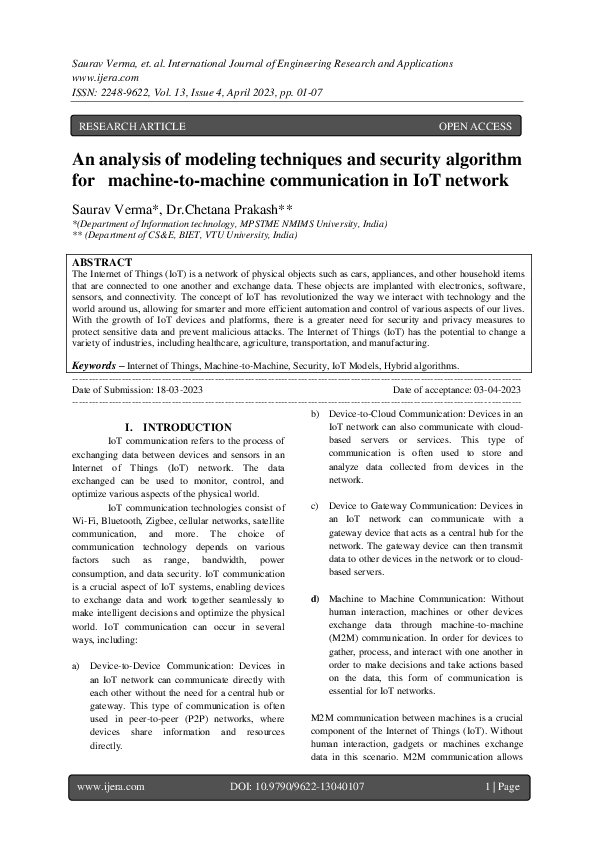 (PDF) An analysis of modeling techniques and security algorithm for machine-to-machine ...