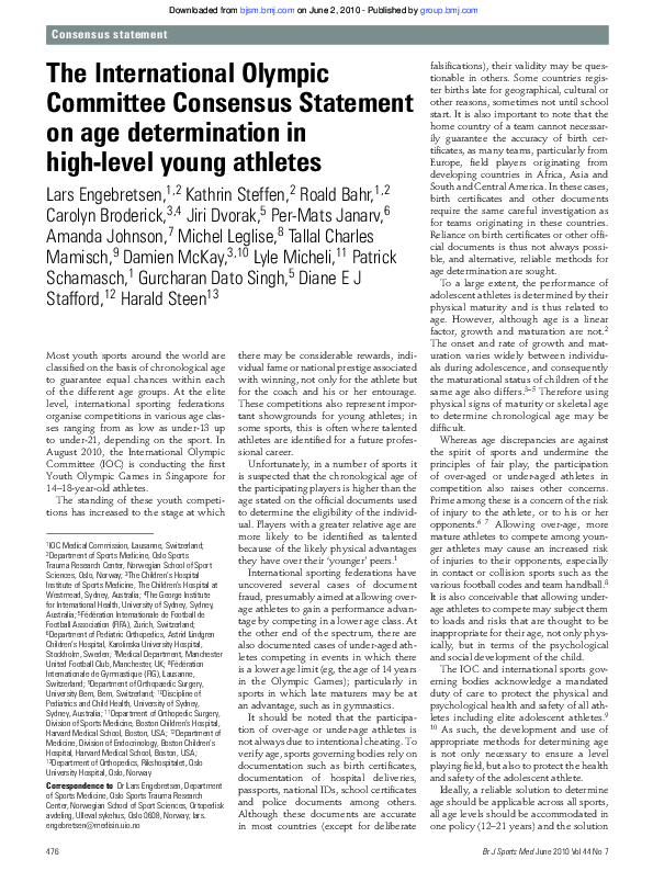 (PDF) The International Olympic Committee Consensus Statement on age determination in high-level ...