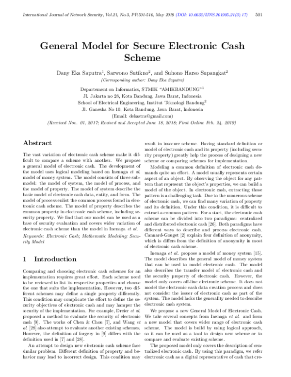 (PDF) General Model for Secure Electronic Cash Scheme