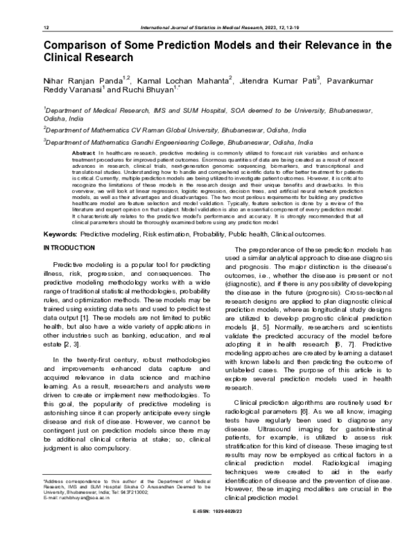 (PDF) Comparison of Some Prediction Models and their Relevance in the Clinical Research
