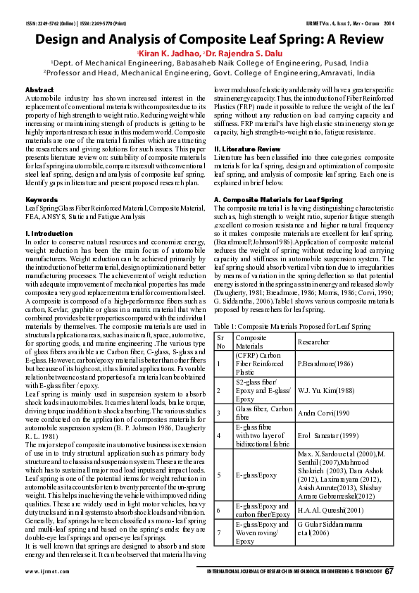 (PDF) Design and Analysis of Composite Leaf Spring – A Review