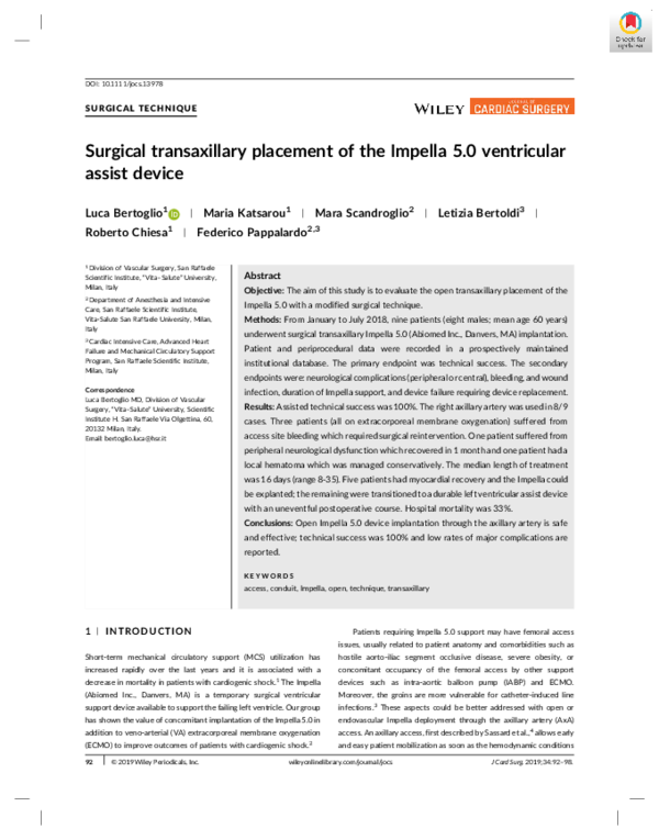 (PDF) Surgical transaxillary placement of the Impella 5.0 ventricular ...