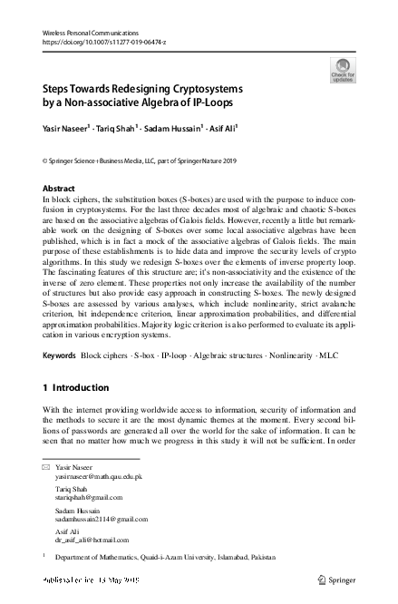 (PDF) Steps Towards Redesigning Cryptosystems by a Non-associative Algebra of IP-Loops | Sadam ...