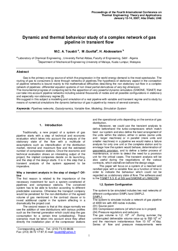 (PDF) Dynamic and thermal behaviour study of a complex network of gas pipeline in transient flow