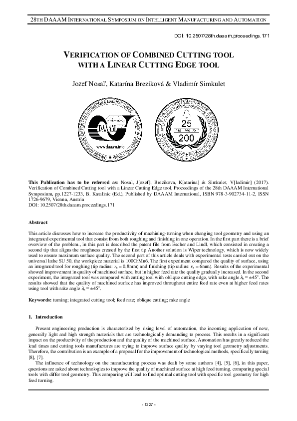 (PDF) Verification of Combined Cutting tool with a Linear Cutting Edge tool