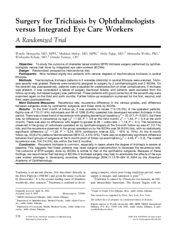 (PDF) Surgery for trichiasis by ophthalmologists versus integrated eye ...