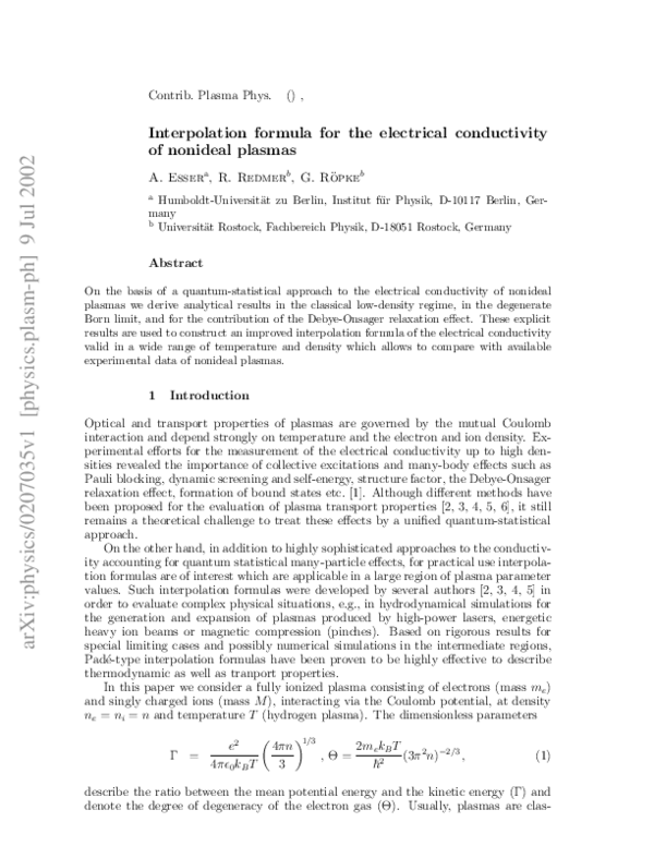 (PDF) Interpolation formula for the electrical conductivity of nonideal ...