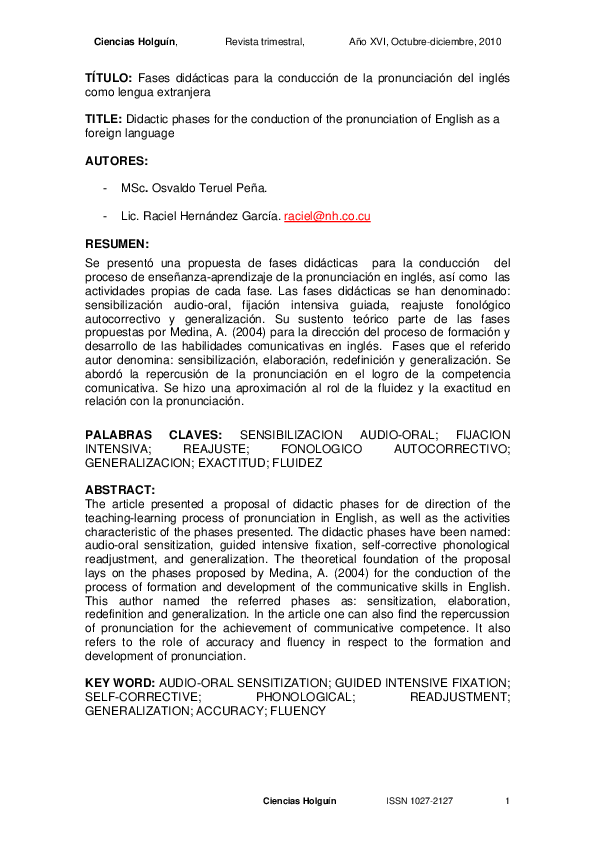 (PDF) Fases didácticas para la conducción de la pronunciación del inglés como lengua extranjera