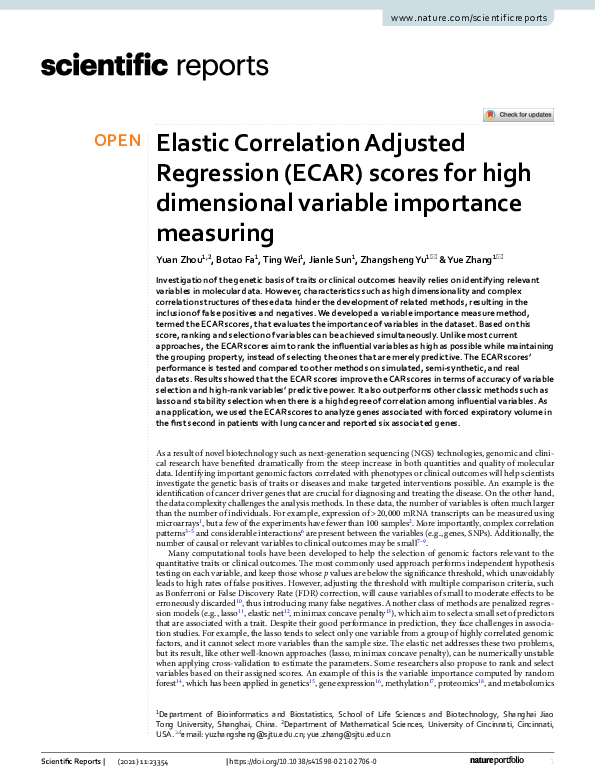 Pdf Elastic Correlation Adjusted Regression Ecar Scores For High Dimensional Variable