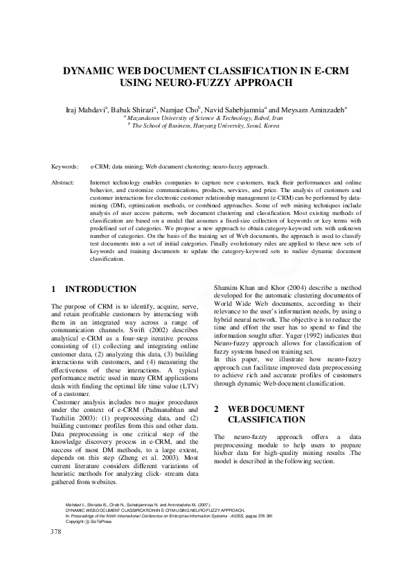 Pdf Dynamic Web Document Classification In E Crm Using Neuro Fuzzy Approach Shahram Ghobadi 