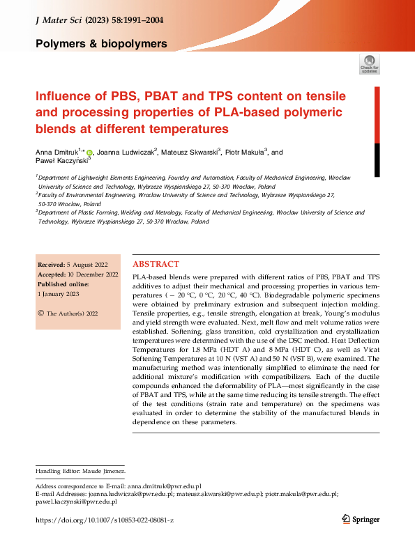 (PDF) Influence of PBS, PBAT and TPS content on tensile and processing properties of PLA-based ...