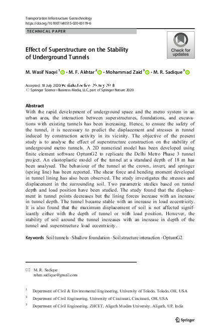 (PDF) Effect of Superstructure on the Stability of Underground Tunnels