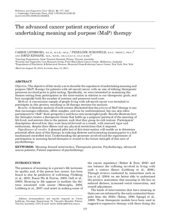 (PDF) The advanced cancer patient experience of undertaking meaning and ...