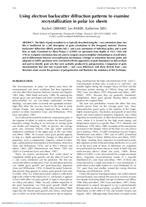 (PDF) Using electron backscatter diffraction patterns to examine recrystallization in polar ice ...