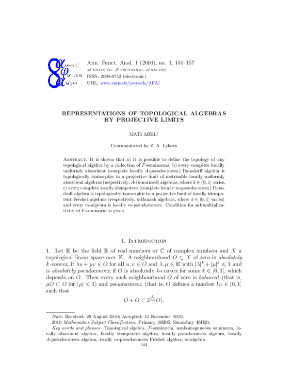 (PDF) Representations of topological algebras by projective limits